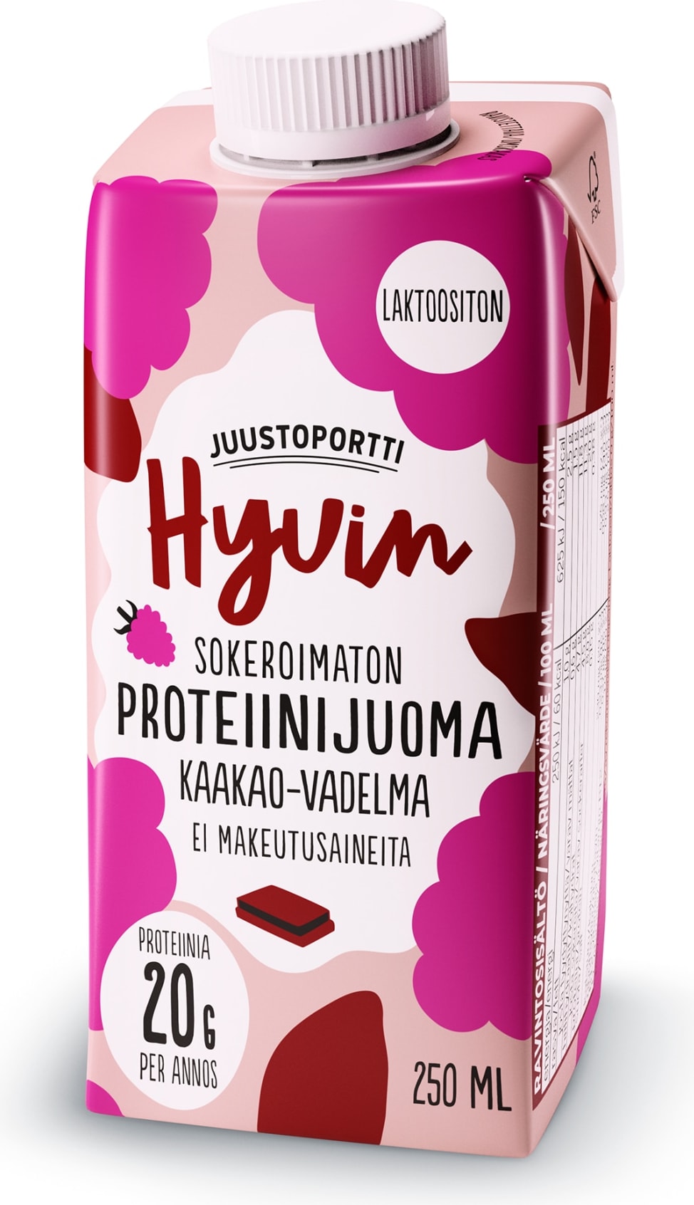 Juustoportti Hyvin Sokeroimaton ja makeutusaineeton Kaakao-Vadelma UHT 250ml proteiinijuoma ...